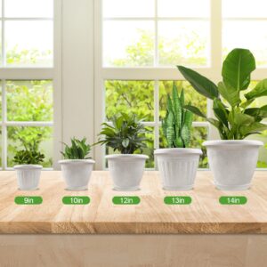 Fodetyff 9 Inch White Planter Pots, 2 Pack, Indoor Outdoor Usage, Drainage Tray, Sturdy Resin Material, Rolled Rim, Suitable for House Plants, Cactus