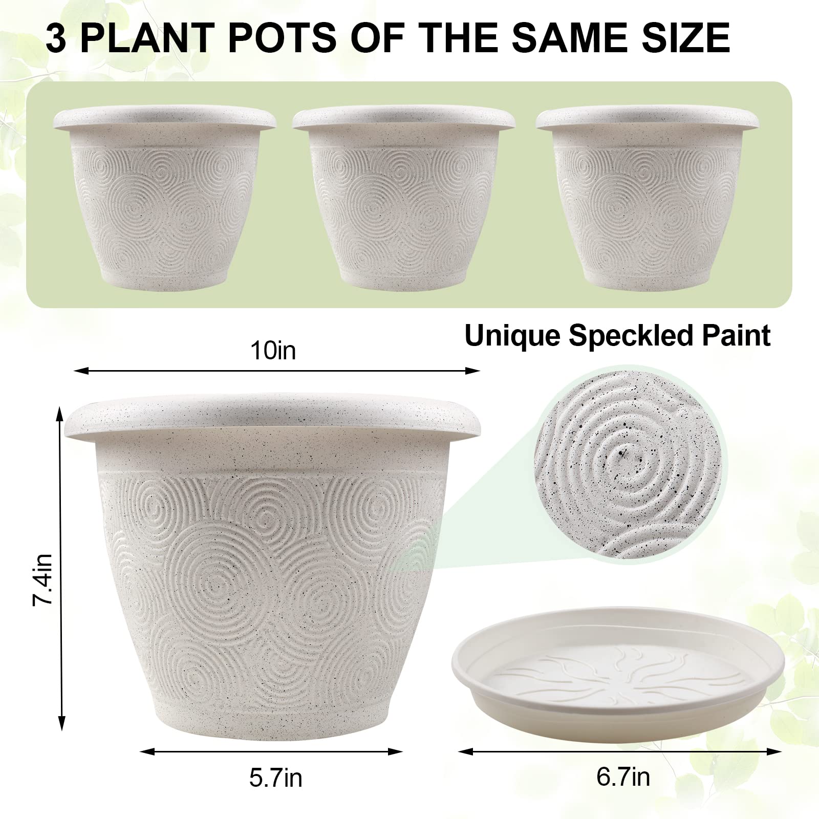 Fodetyff 9 Inch White Planter Pots, 2 Pack, Indoor Outdoor Usage, Drainage Tray, Sturdy Resin Material, Rolled Rim, Suitable for House Plants, Cactus