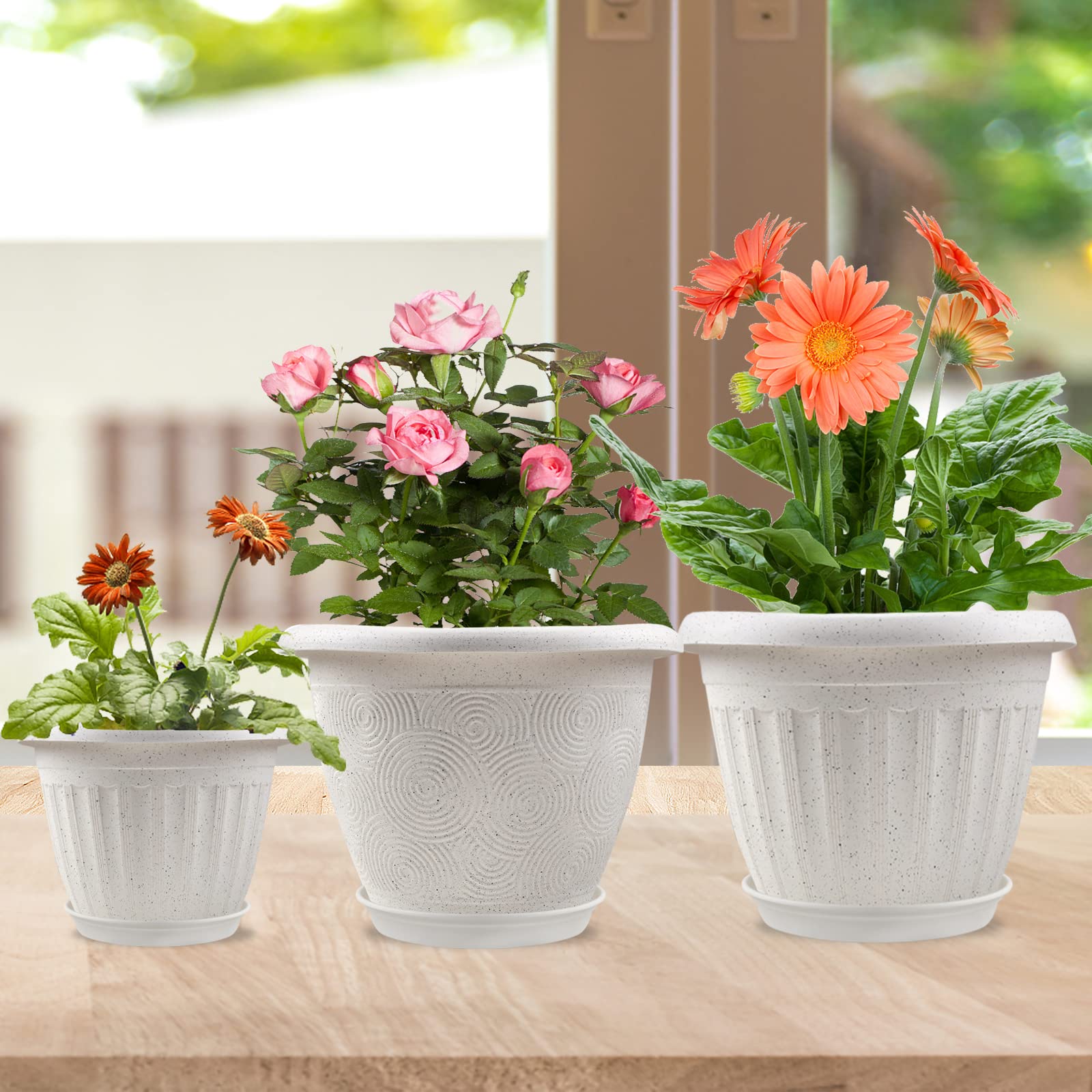 Fodetyff 9 Inch White Planter Pots, 2 Pack, Indoor Outdoor Usage, Drainage Tray, Sturdy Resin Material, Rolled Rim, Suitable for House Plants, Cactus