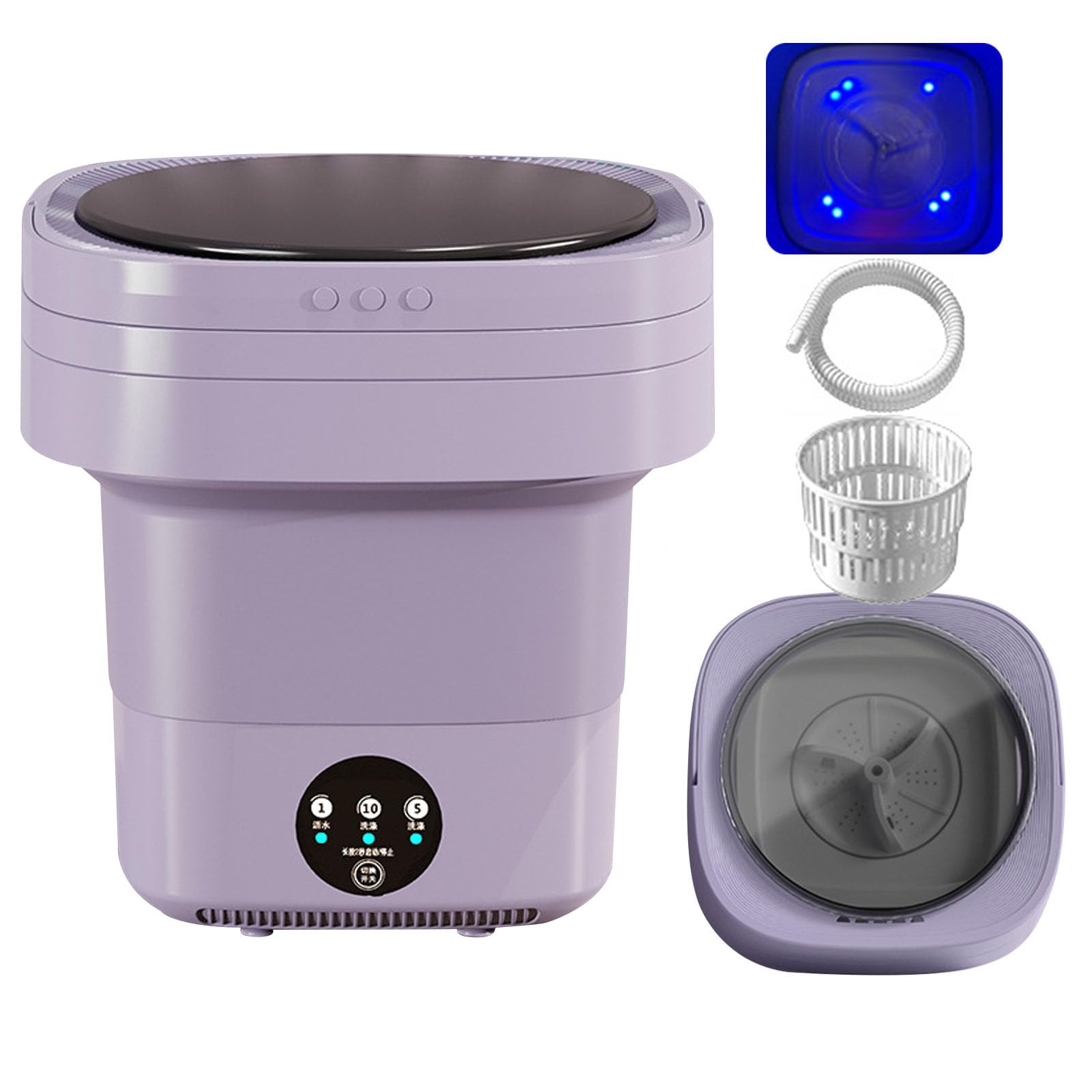 Portable Washing Machine Mini Washer with Drain Basket, Foldable Small Washer Deep Cleaning for Underwear, Socks, Baby Clothes, Travel, Camping, RV, Dorm, Apartment (Purple+Blue Light)