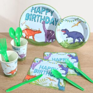 343PCS Dinosaur Party Decorations Set (24 Guest)- Complete Kids Dinosaur Birthday Party Supplies with Dinosaur Backdrop, Tablecloth, Plates, Cups, Cutlery, Balloon Arch, Decorations, and Stickers