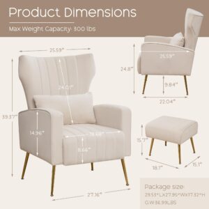 YUUIJOAA Accent Chairs Set of 2 - Upholstered Velvet Modern Comfy Wingback Reading Armchair with Ottoman Bedroom Single Sofa Chair with Pillows Beige