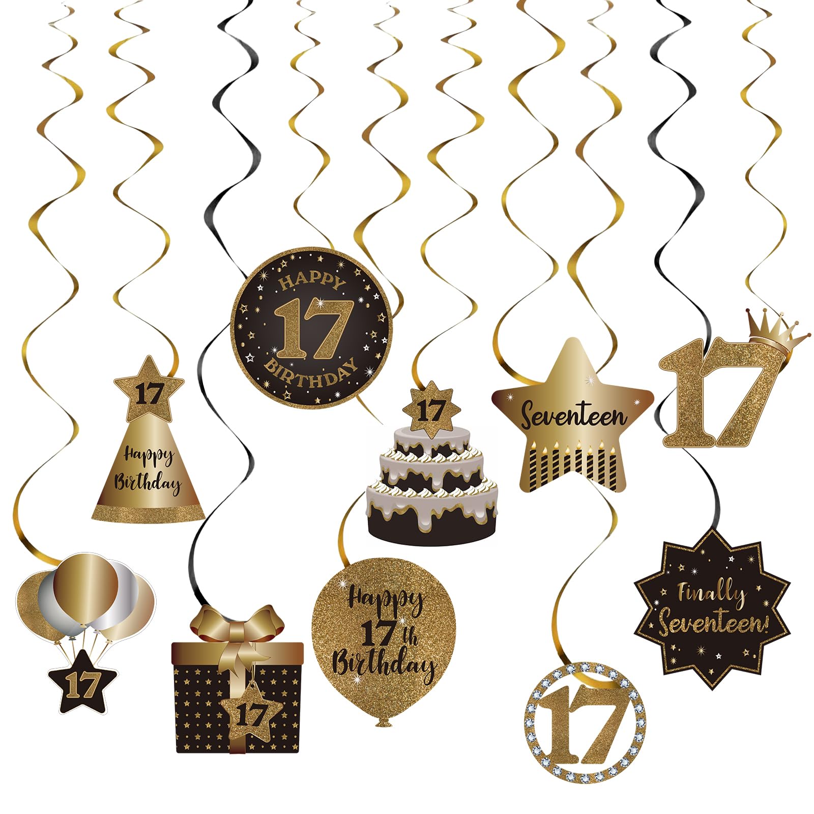 Happy 17th Birthday Party Hanging Swirls Streams Ceiling Decorations, Celebration 17 Foil Hanging Swirls with Cutouts for 17 Years Old Black and Gold Birthday Party Decorations Supplies