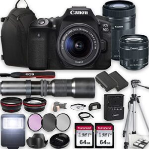 canon eos 90d dslr camera w/ef-s 18-55mm f/4-5.6 is stm lens + ef-s 55-250mm f/4-5.6 is stm lens + 500mm f/8 focus lens + 2x 64gb memory + case + filters + tripod + more (35pc bundle)