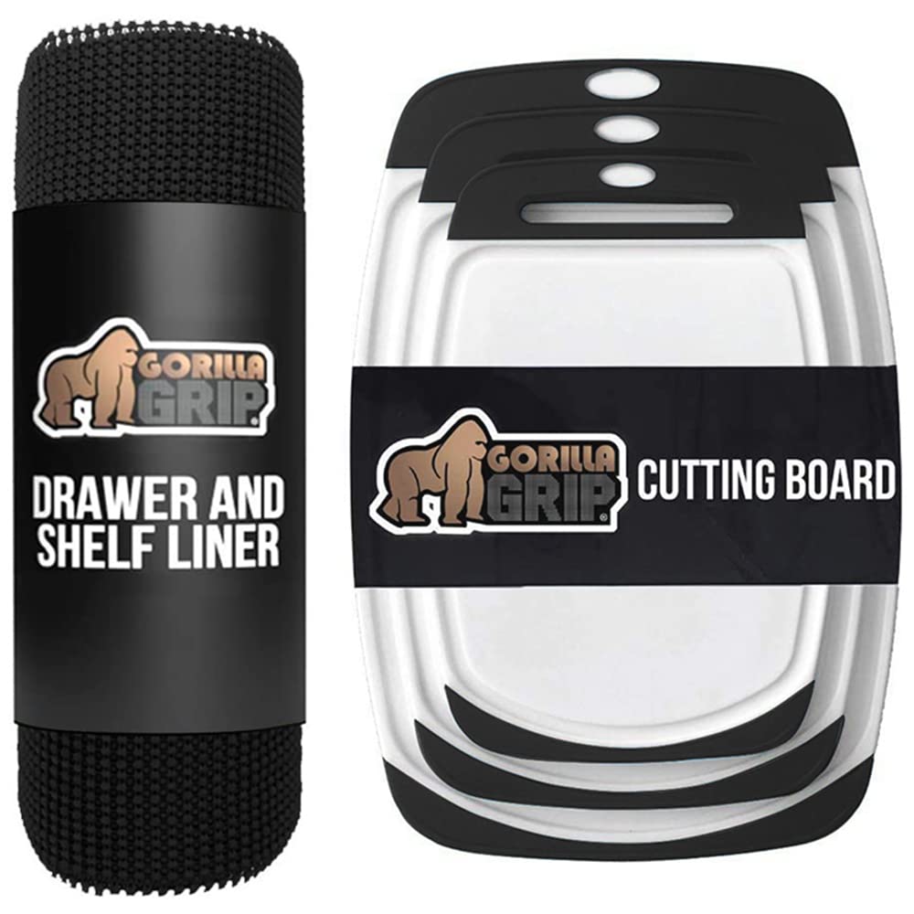 Gorilla Grip Drawer and Shelf Liner and Durable Kitchen Cutting Board, Shelf Liner Size 17.5 in x 10 FT, Strong Grip, Cutting Board Set of 3, Nonslip Handle and Border, Both in Black, 2 Item Bundle