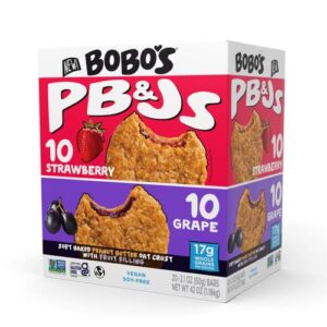 bobo's peanut butter and jelly oat snack variety pack, 10 grape flavored, 10 strawberry flavored, healthy everyday snack