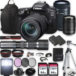 canon eos 90d dslr camera w/ef-s 18-135mm f/3.5-5.6 is usm lens + ef-s 55-250mm f/4-5.6 is stm lens + 500mm f/8 focus lens + 2x 64gb memory + case + filters + tripod + more (35pc bundle)