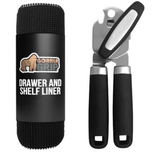 gorilla grip drawer and shelf liner and manual hand held can opener, shelf liner size 17.5 in x 10 ft, strong grip, large lid openers for kitchen, both in black, 2 item bundle