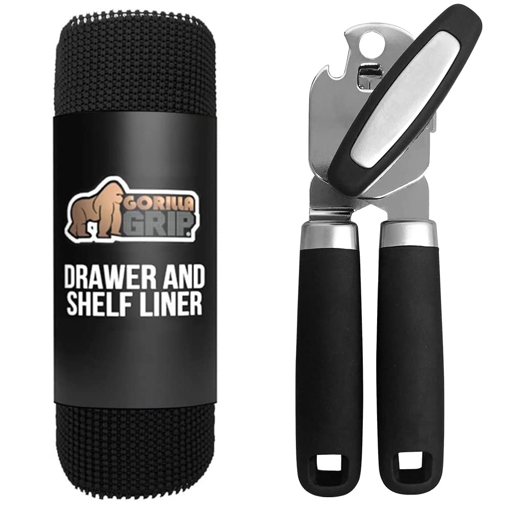 Gorilla Grip Drawer and Shelf Liner and Manual Hand Held Can Opener, Shelf Liner Size 17.5 In x 10 FT, Strong Grip, Large Lid Openers for Kitchen, Both in Black, 2 Item Bundle