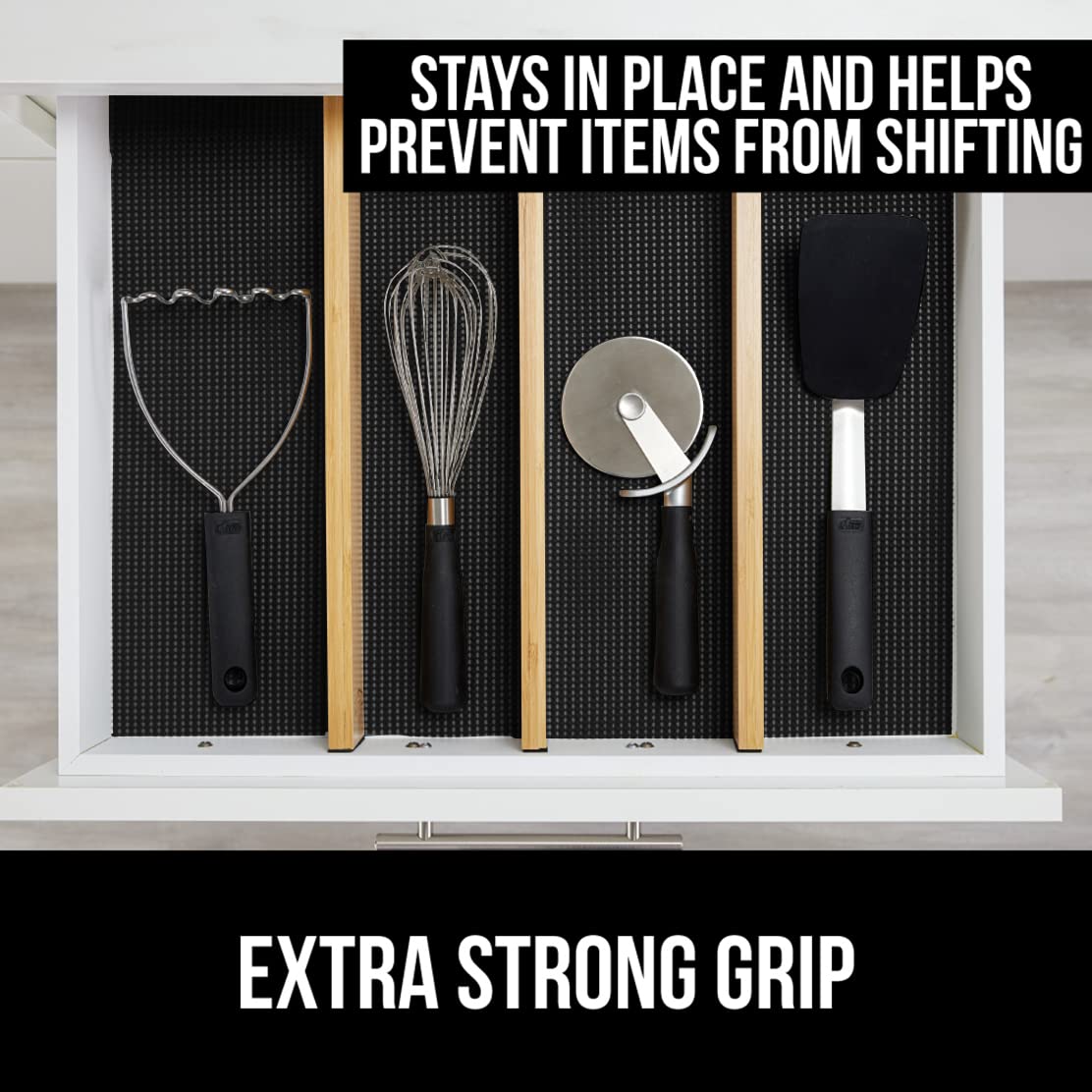 Gorilla Grip Drawer and Shelf Liner and Manual Hand Held Can Opener, Shelf Liner Size 17.5 In x 10 FT, Strong Grip, Large Lid Openers for Kitchen, Both in Black, 2 Item Bundle