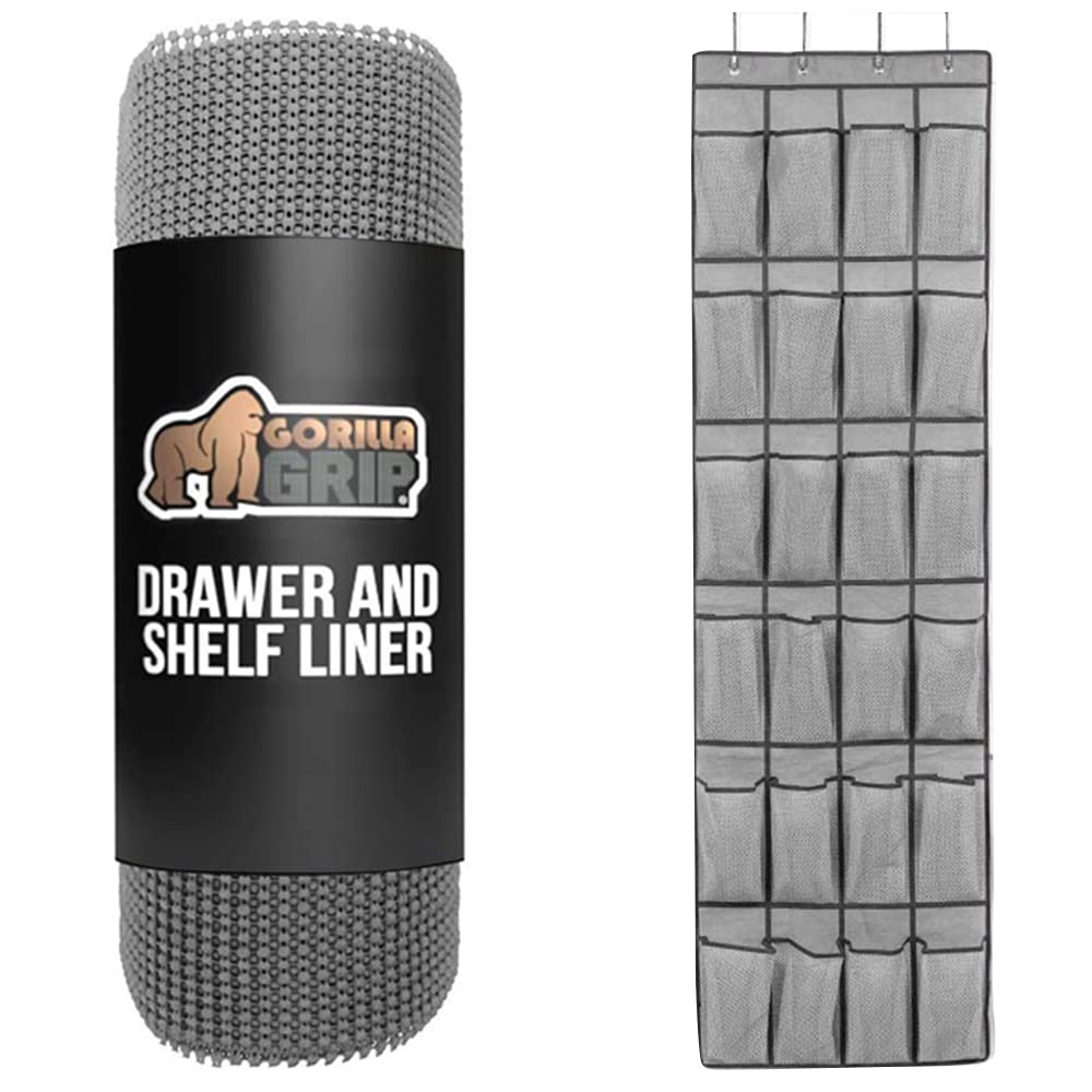 Gorilla Grip Drawer and Shelf Liner and Over The Door Shoe Organizer, Shelf Liner Size 17.5 in x 10 FT, Strong Grip, Shoe Holder Size 24 Mesh Pocket, Nonslip Holder, Both in Gray, 2 Item Bundle