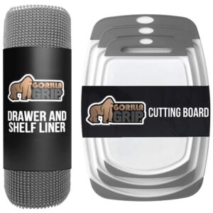 gorilla grip drawer and shelf liner and durable kitchen cutting board, shelf liner size 17.5 in x 10 ft, strong grip, cutting board set of 3, nonslip handle and border, both in gray, 2 item bundle