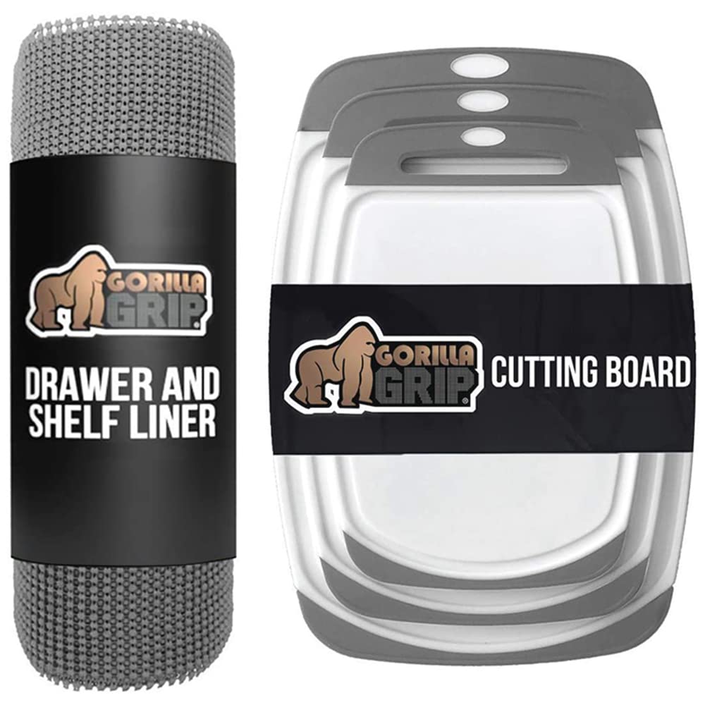 Gorilla Grip Drawer and Shelf Liner and Durable Kitchen Cutting Board, Shelf Liner Size 12 in x 20 FT, Strong Grip, Cutting Board Set of 3, Nonslip Handle and Border, Both in Gray, 2 Item Bundle