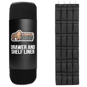 gorilla grip drawer and shelf liner and over the door shoe organizer, shelf liner size 12 in x 20 ft, strong grip, shoe holder size 24 mesh pocket, nonslip holder, both in black, 2 item bundle