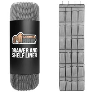 gorilla grip drawer and shelf liner and over the door shoe organizer, shelf liner size 12 in x 20 ft, strong grip, shoe holder size 24 mesh pocket, nonslip holder, both in gray, 2 item bundle