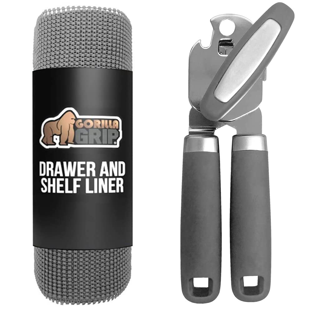 Gorilla Grip Drawer and Shelf Liner and Manual Hand Held Can Opener, Shelf Liner Size 17.5 In x 10 FT, Strong Grip, Large Lid Openers for Kitchen, Both in Gray, 2 Item Bundle