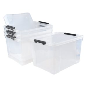 drephia 4 pack clear latch storage bin with lid and wheels, 50 l large plastic storage box