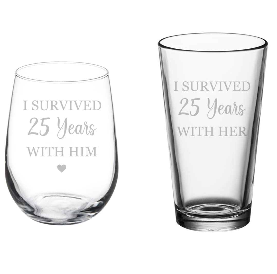 MIP Set of 2 Glasses Stemless WINE & Beer PINT Glass Gift I Survived 25 Years 25th Anniversary