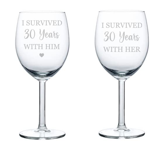 MIP Set of 2 Wine Glass Goblet Gift I Survived 30 Years 30th Anniversary (10 oz)