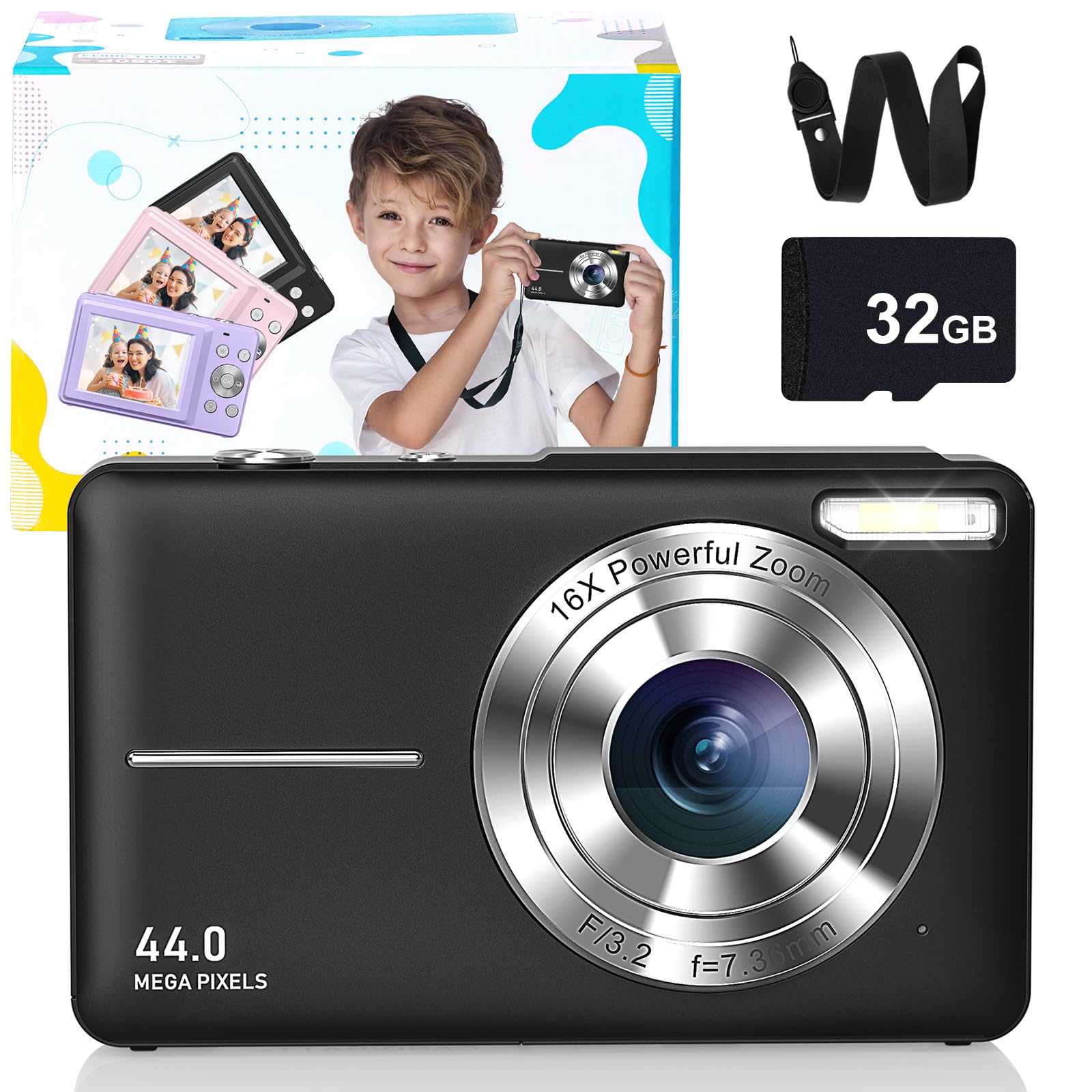 Newest Digital Camera, 1080P Digital Camera for Kids with 32GB Card Anti-Shake, Portable Point and Shoot Camera Fill Flash 16X Zoom, Small Camera