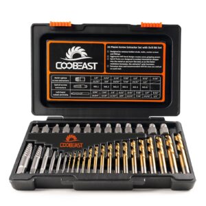 coobeast 35 pcs screw extractor and left hand drill bits set, easy out screw extractor kit with hss steel reverse drill bit for broken nuts, stripped bolts remove