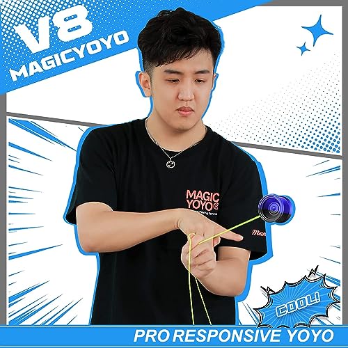 MAGICYOYO V8 Responsive Metal Yoyo for Kids Beginners + Yoyo Glove + 6 Yoyo Strings (Black Blue)