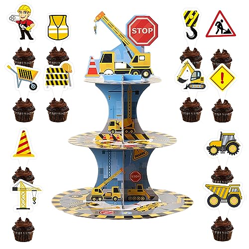 Cupcake Stand for Construction Birthday Party Supplies with 12pcs Cupcake Toppers, Construction Cupcake Holder for Birthday Decorations, 3 Tier Cupcake Stand for Boys Birthday Cake Decorations