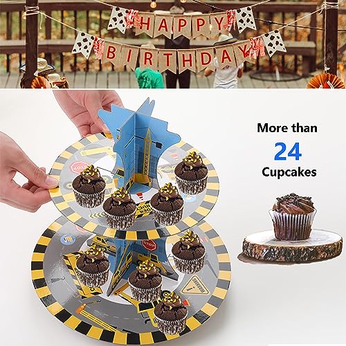 Cupcake Stand for Construction Birthday Party Supplies with 12pcs Cupcake Toppers, Construction Cupcake Holder for Birthday Decorations, 3 Tier Cupcake Stand for Boys Birthday Cake Decorations