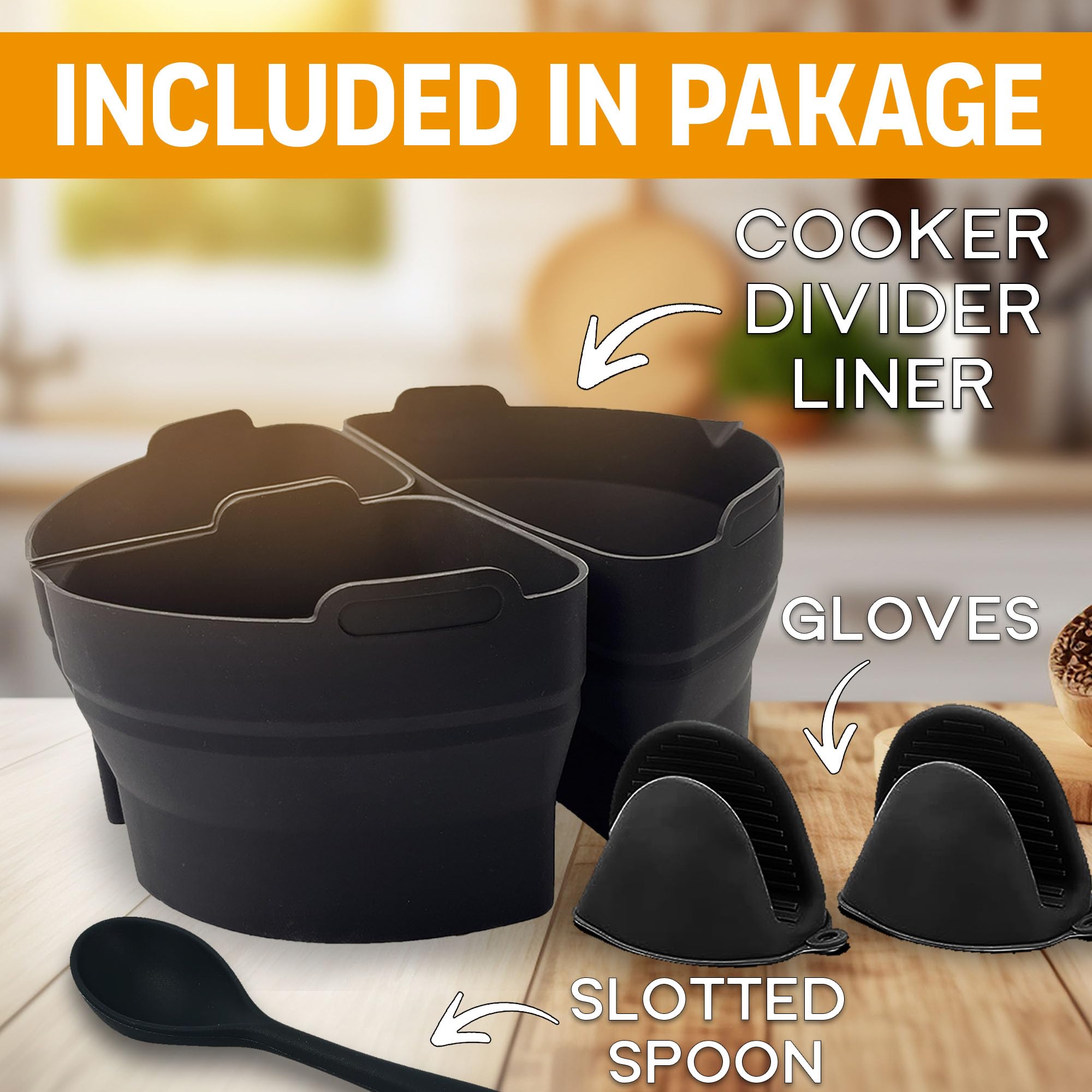 Reusable & Leakproof Crock-Pot Liner, Slow Cooker Liners Fit for 6-7 QT with 2 Mittens and Comfort Spoon, Silicone Crock Pot Liner, Slow Cooker Divider Insert, Safe Cooking Liner for Crock Pot