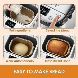 Kitchen in the box Bread Maker Machine with Gluten-Free Setting, 2LB 1.5LB 1LB Automatic Breadmaker with Homemade Cycle, 15-in-1 Stainless Steel Bread Maker with Recipes-Silver