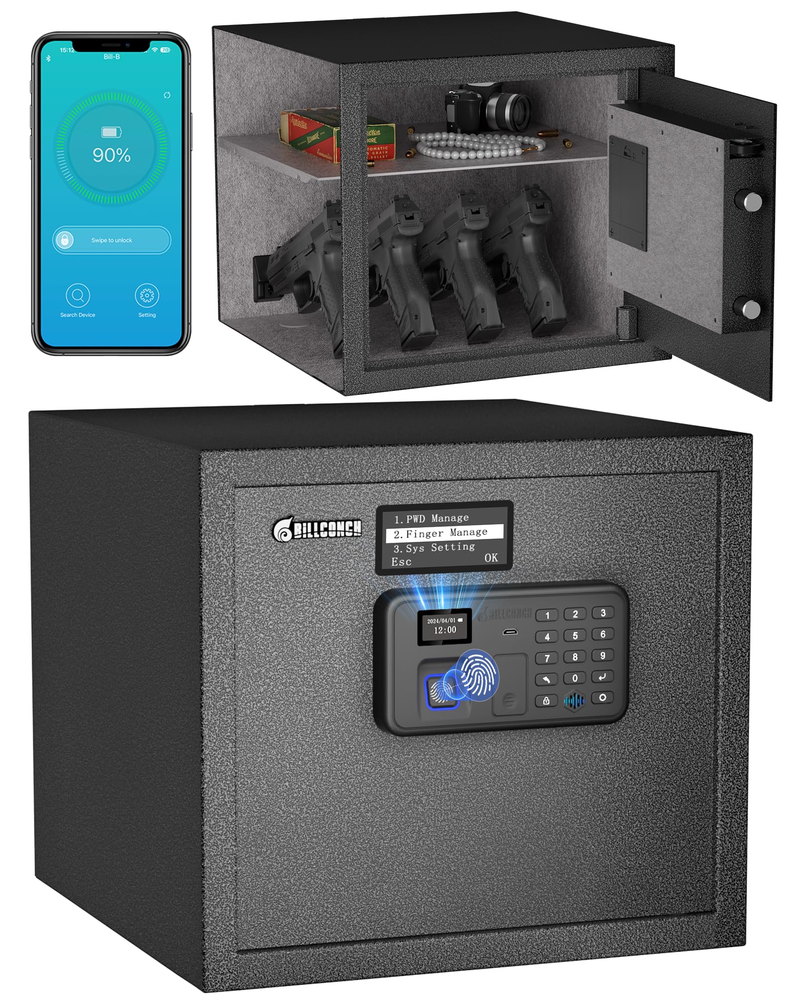 Billconch Smart Gun Safe for Multiple Pistols - Automatic Lock Safe Box with LCD Display/Voice Guide, Quick Access Unlock with Fingerprint/Keypad/Key/App, Biometric Handgun Safe for Money Valuables