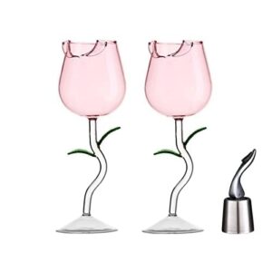 jmorego creative rose flower wine glasses crystal red wine glasses, goblet wine cocktail juice glass for party wedding festival bar celebration,stainless steel champagne red wine stopper (pink)