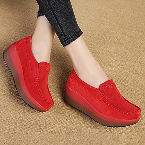 Women's Cutout Breathe Suede Wedge Sneakers,Lightweight Comfy Slip-on Orthotic Hidden Platform Anti-Skid Casual Walking Shoes (8,Red)