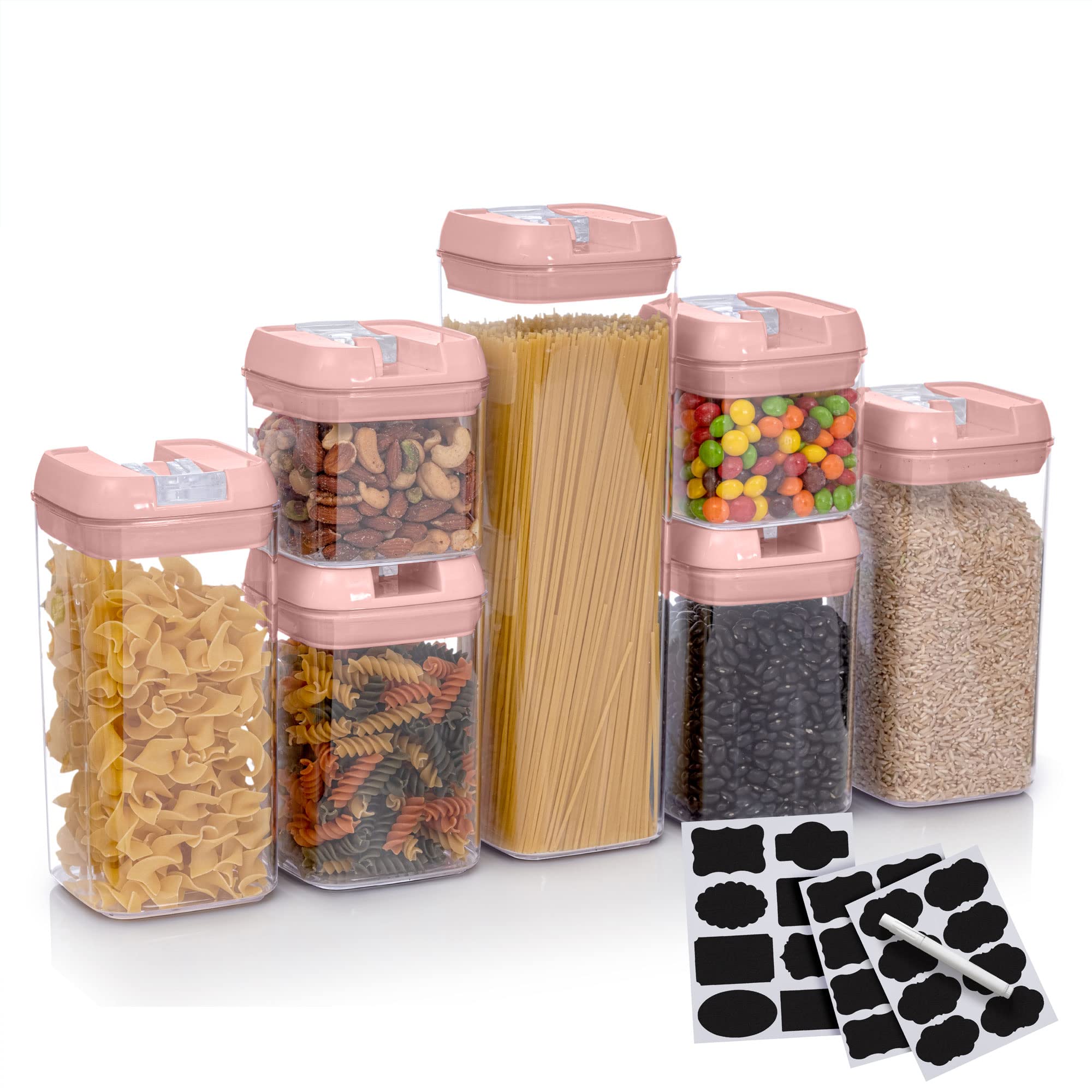 Alphx Innovations Set of 7 Airtight Food Storage Containers - Pantry Organizer Bins, BPA Free Plastic Containers plus Dry Erase Marker and Labels, Pink