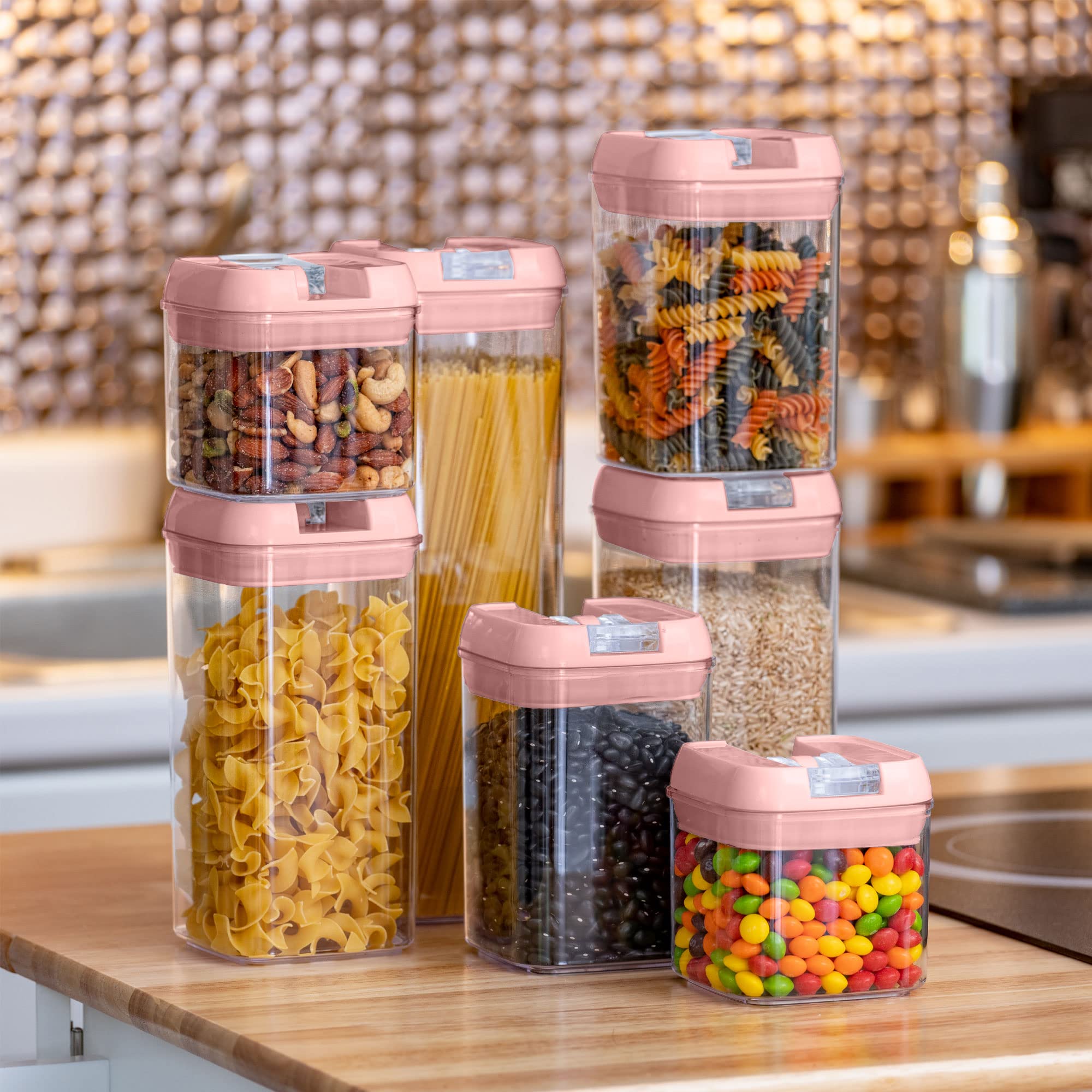 Alphx Innovations Set of 7 Airtight Food Storage Containers - Pantry Organizer Bins, BPA Free Plastic Containers plus Dry Erase Marker and Labels, Pink