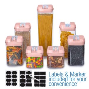 Alphx Innovations Set of 7 Airtight Food Storage Containers - Pantry Organizer Bins, BPA Free Plastic Containers plus Dry Erase Marker and Labels, Pink