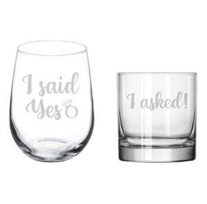 mip set of 2 glasses stemless wine & rocks whiskey gift i asked i said yes engagement