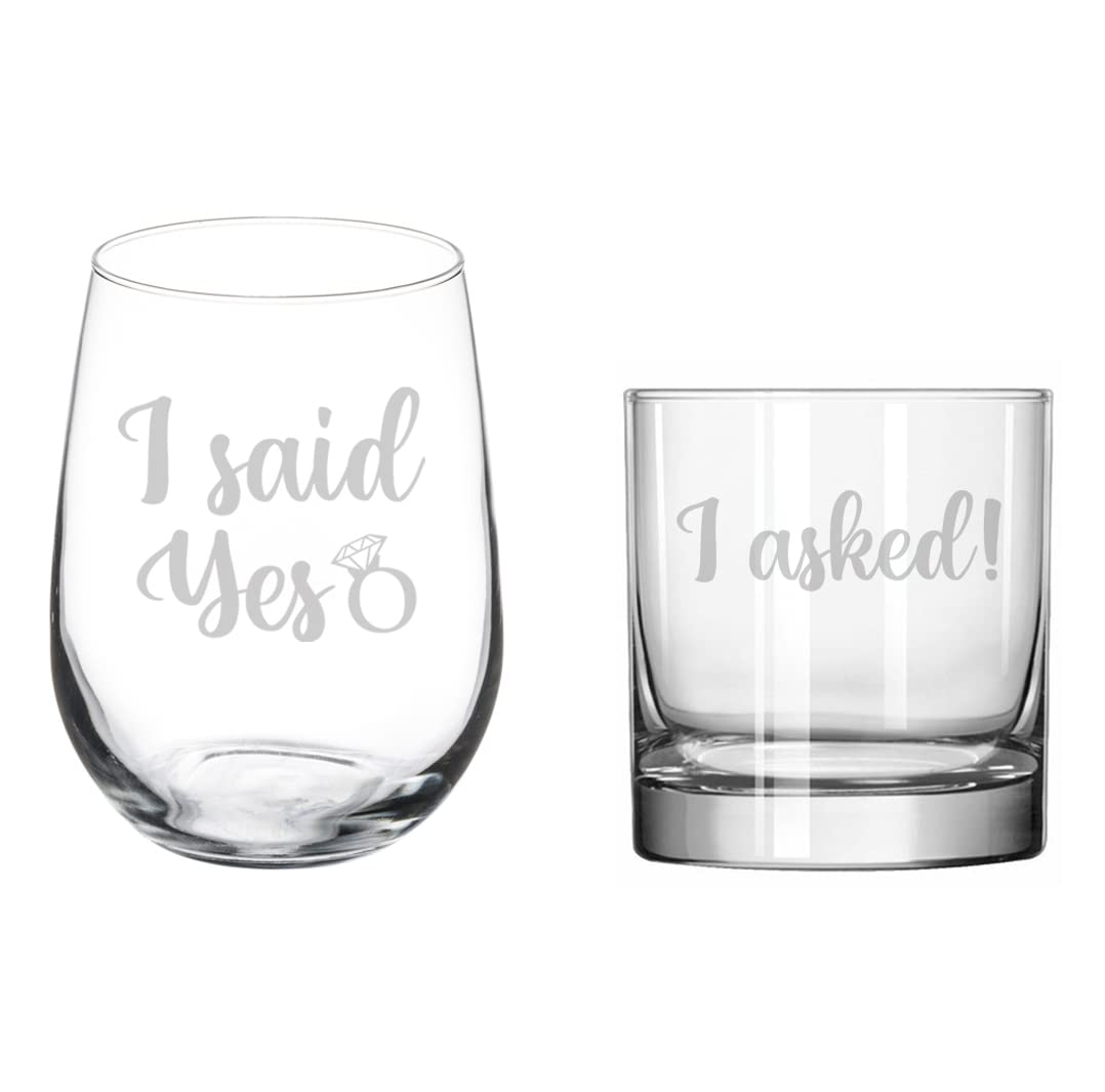 MIP Set of 2 Glasses Stemless WINE & ROCKS Whiskey Gift I Asked I Said Yes Engagement