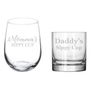 set of 2 glasses stemless wine & rocks whiskey gift momma and daddy's sippy cup funny for new parents for couple for mom and dad