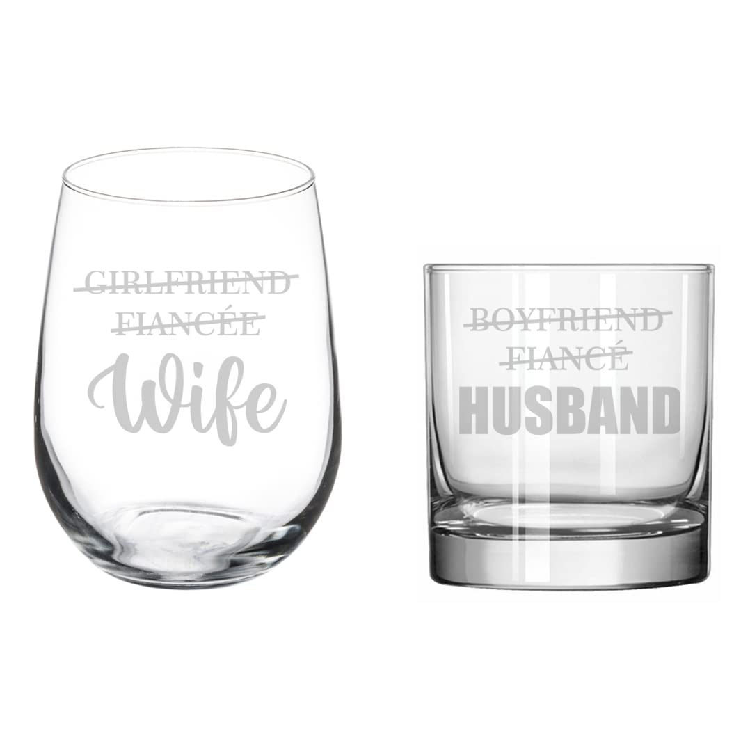 MIP Set of 2 Glasses Stemless WINE & ROCKS Whiskey Gift Girlfriend Fiancee Wife Boyfriend Fiance Husband Husband And Wife Wedding For Couple Bride And Groom