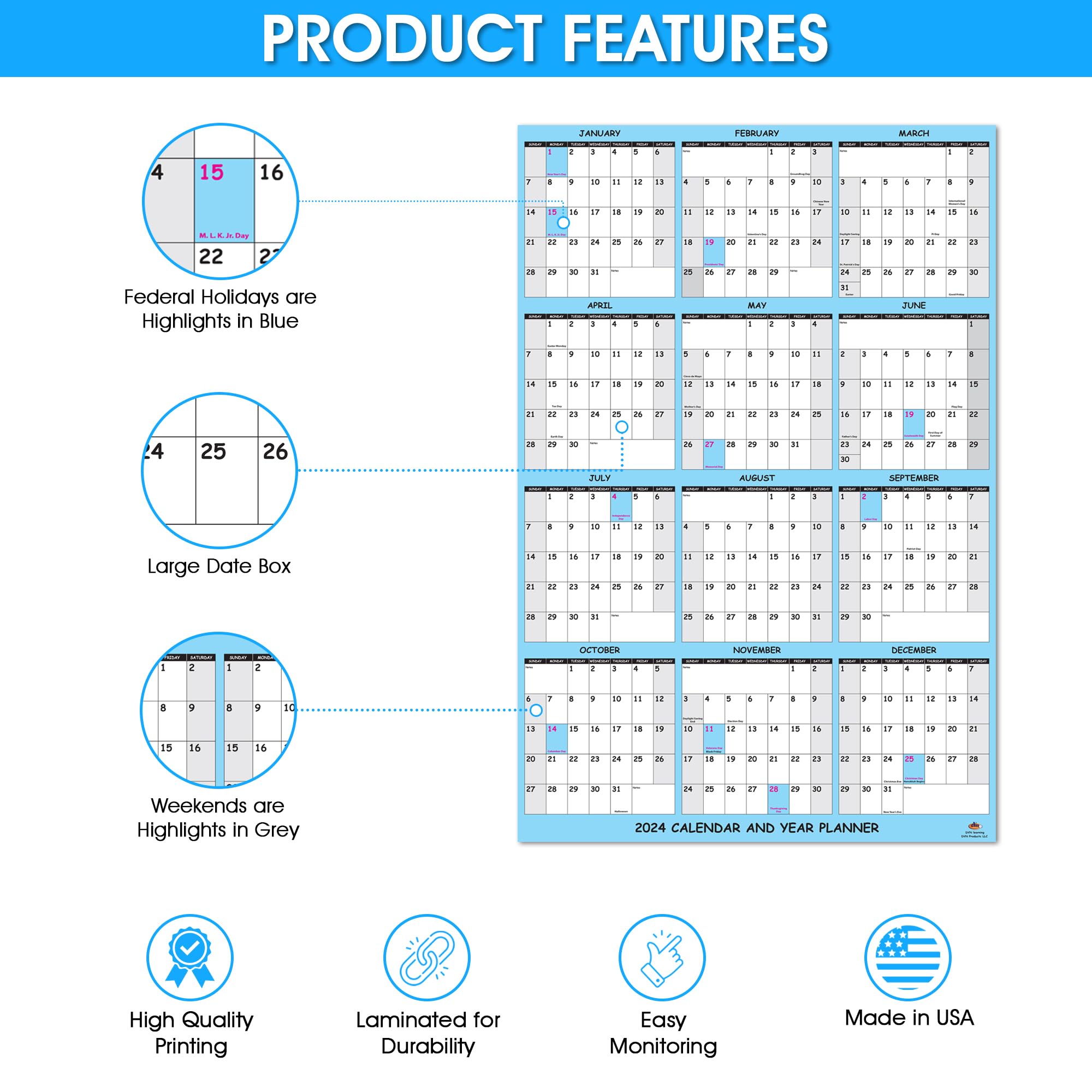 12" x 18" 2024 Wall Calendar Monthly 12 Month Annual Yearly Wall Planner, Reversible, Horizontal/Vertical