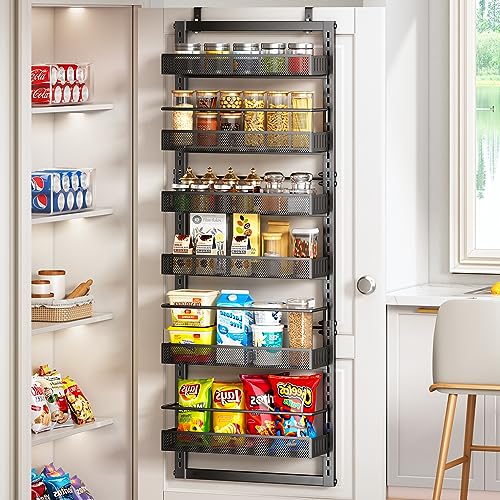 Spice Rack Over the Door Pantry Organizer - 6 Tier Metal Adjustable Hanging Spice Organization for Pantry, Space Saving Pantry Door Storage for Kitchen, Black