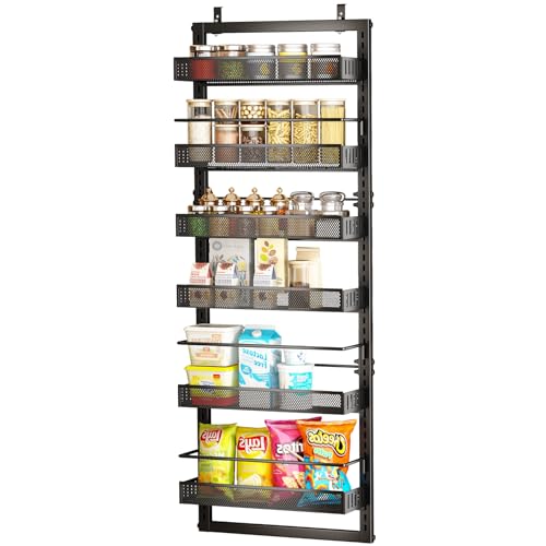 Spice Rack Over the Door Pantry Organizer - 6 Tier Metal Adjustable Hanging Spice Organization for Pantry, Space Saving Pantry Door Storage for Kitchen, Black