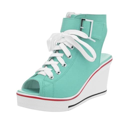 OCHENTA Women's Peep Toe Canvas Wedge Sneaker Heeled Platform Fashion High Top Tennis Shoes Green Label 41 - US 9