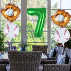 Baseball Balloons 7th Birthday Decorations for Boys, Baseball Birthday Party Decorations Baseball Sports Theme Birthday Party Supplies Favors 32Inch Foil Mylar Green Number 7 Balloon