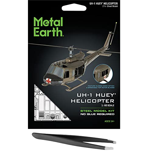 Fascinations Metal Earth UH-1 Huey Helicopter Color 3D Metal Model Kit Bundle with Tweezers