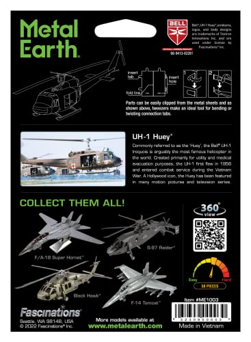 Fascinations Metal Earth UH-1 Huey Helicopter Color 3D Metal Model Kit Bundle with Tweezers