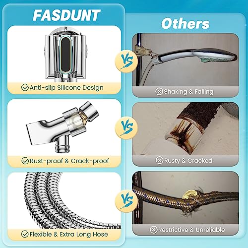 FASDUNT High Pressure Shower Head with Handheld, 8-mode Shower Heads with 80" Extra Long Stainless Steel Hose & Adjustable Bracket, Built-in Power Wash to Clean Tub, Tile & Pets - Chrome