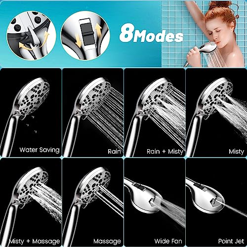 FASDUNT High Pressure Shower Head with Handheld, 8-mode Shower Heads with 80" Extra Long Stainless Steel Hose & Adjustable Bracket, Built-in Power Wash to Clean Tub, Tile & Pets - Chrome