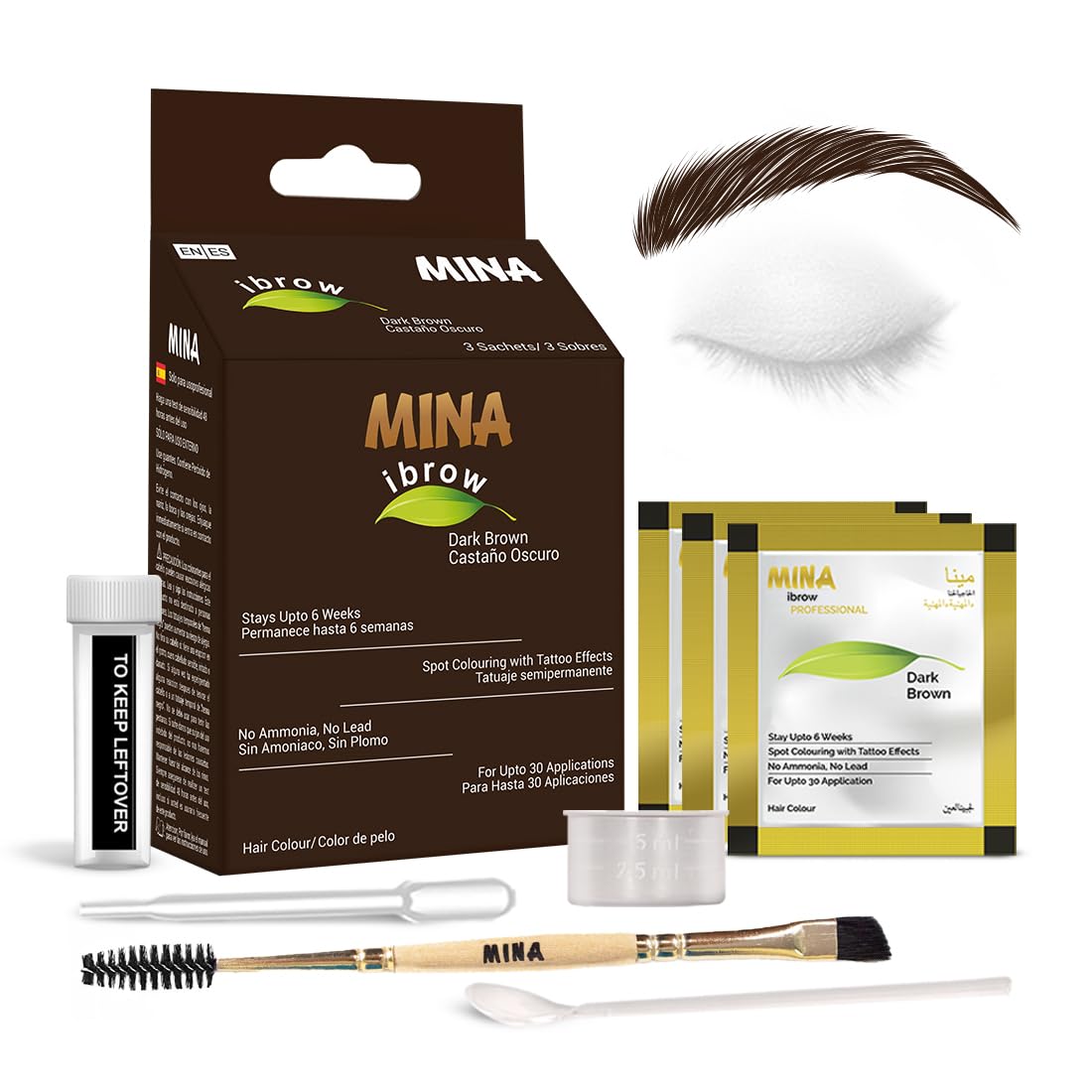 MinaiBrow Instant Hair Dye Kit Dark Brown | Natural Spot Coloring Tinting Powder with Duo Angled Brush, Water & Smudge Proof | 100% Grey Coverage Upto 30 Applications